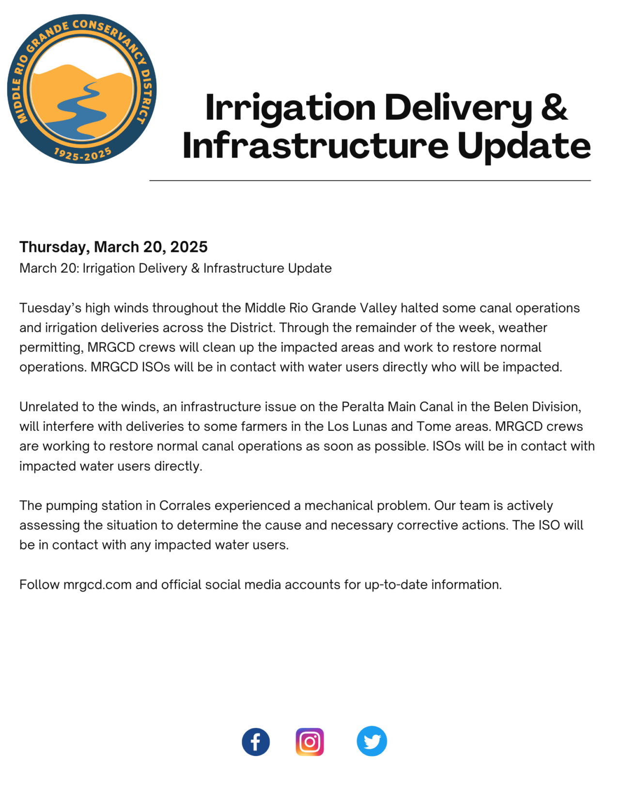 March 20: Irrigation Delivery & Infrastructure Update - MRGCD
