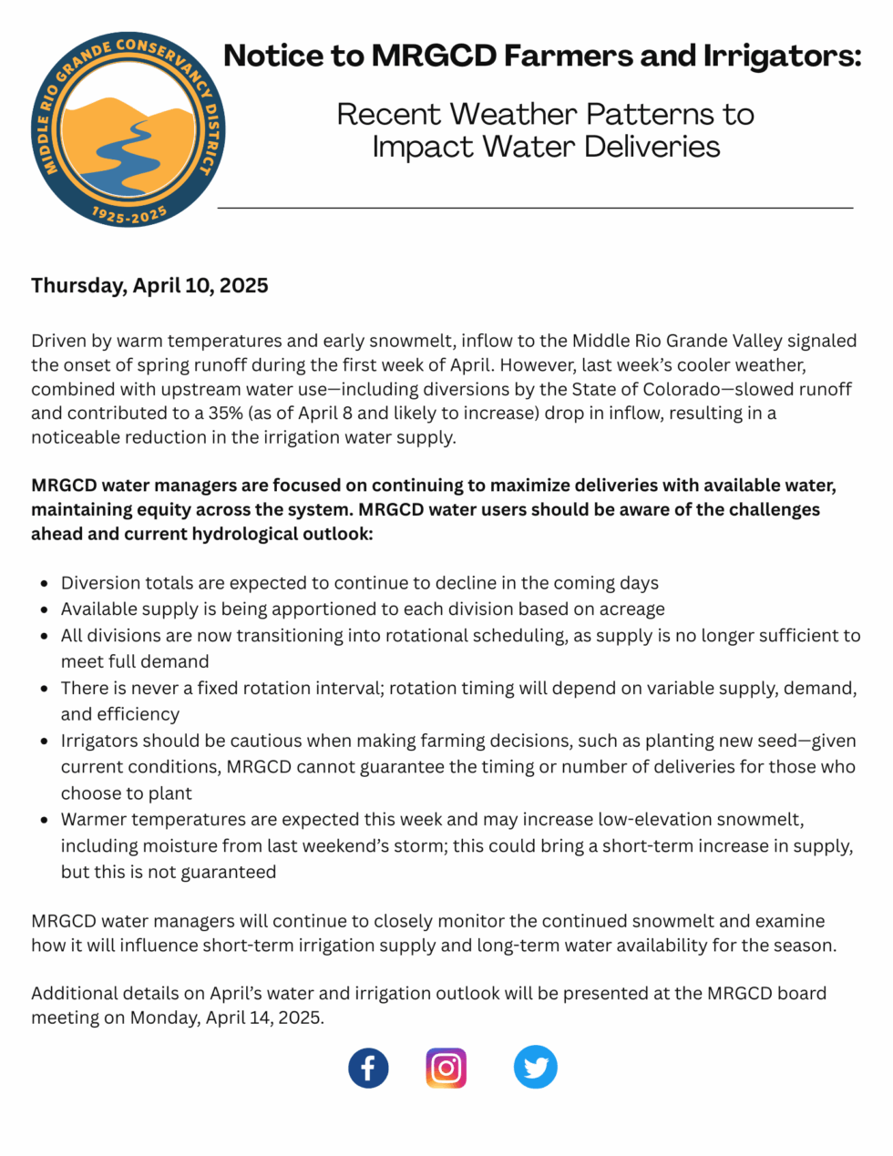 Notice to MRGCD Farmers and Irrigators - MRGCD