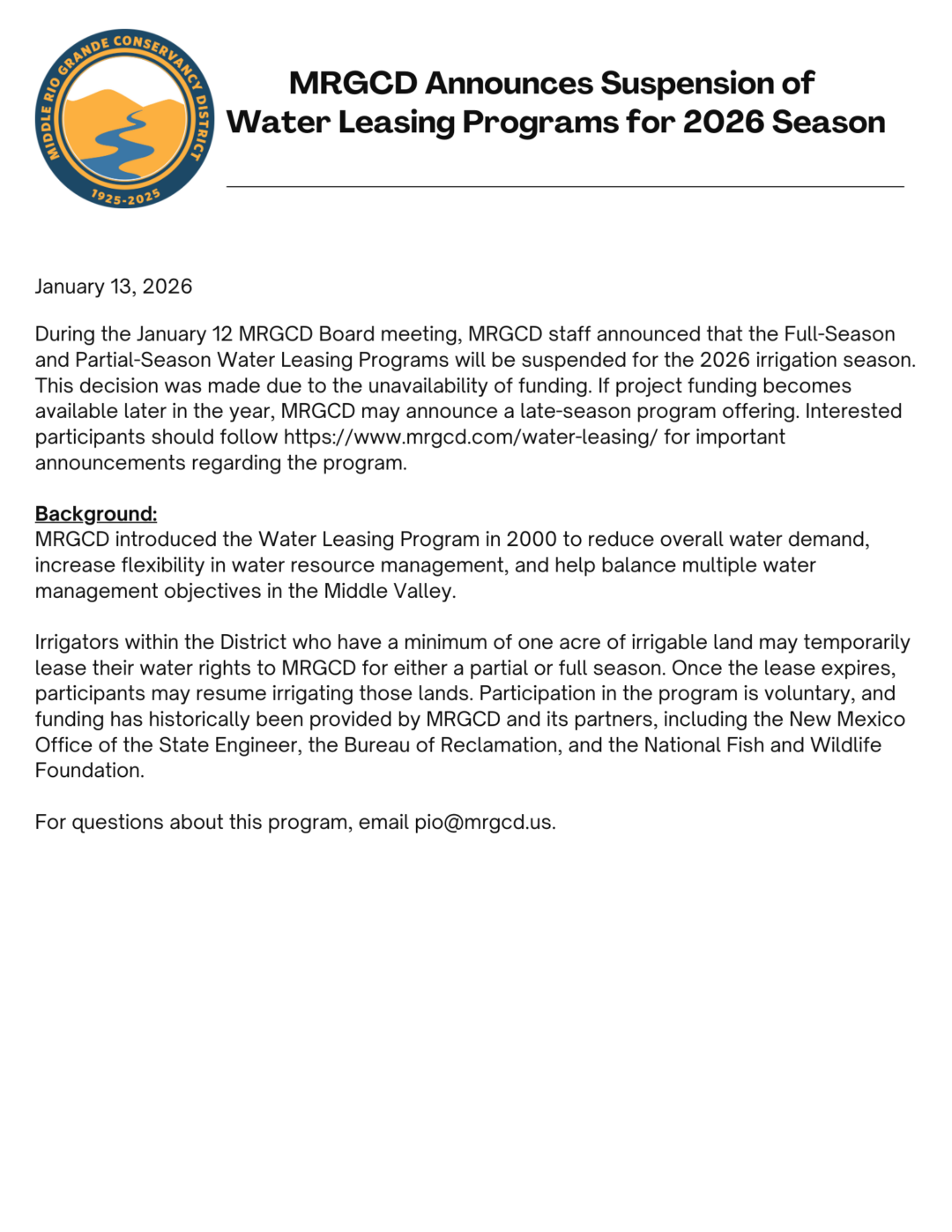 Water Leasing Program Suspended - MRGCD